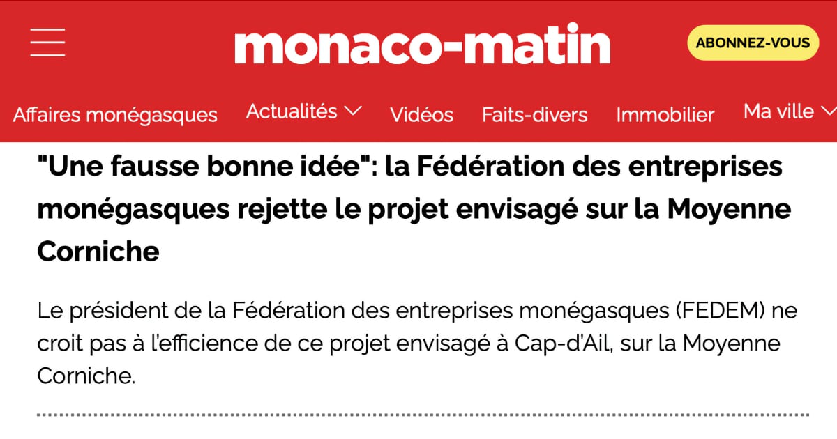 Monaco Matin : le projet envisagé sur la Moyenne Corniche "Une fausse bonne idée" | FEDEM